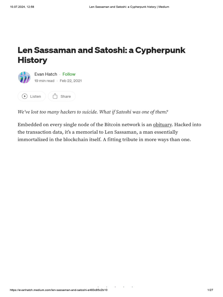 Len Sassaman: A Cypherpunk Legacy | PDF | Bitcoin | Cryptocurrency