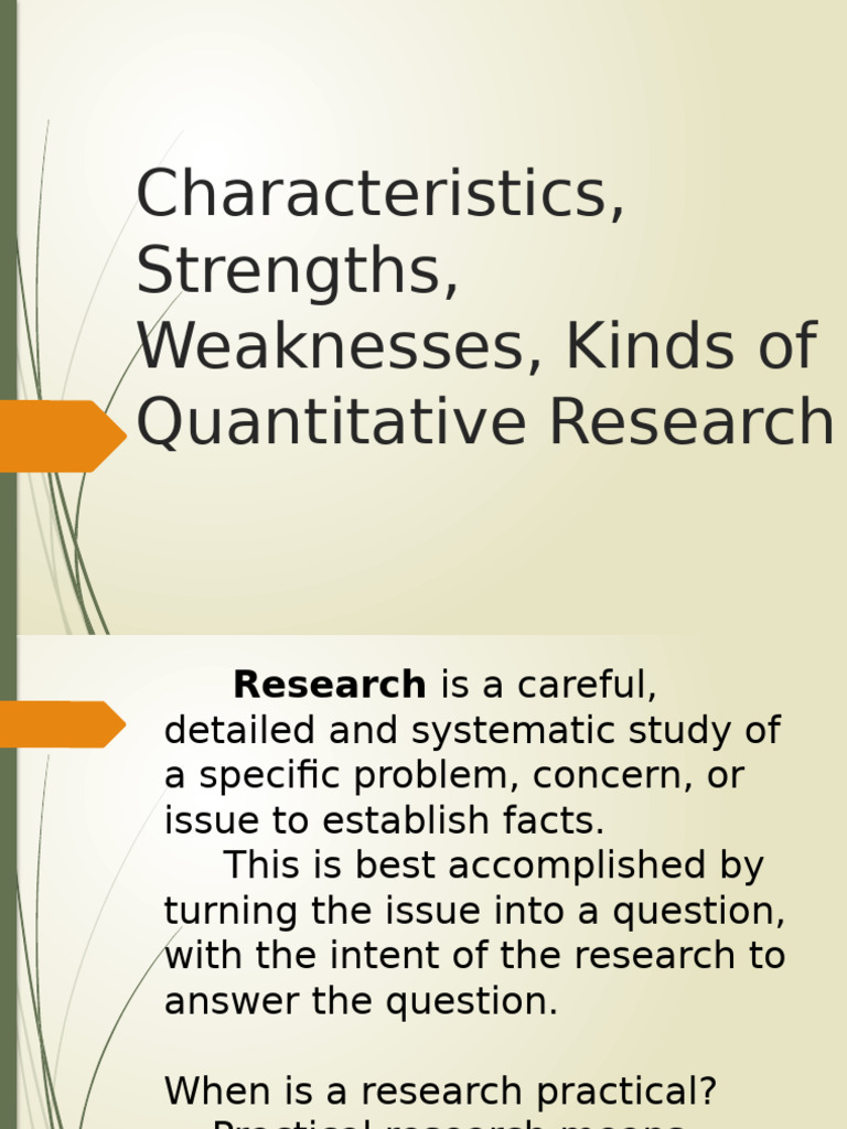 Lesson 1 Characteristics, Strengths, Weaknesses, Kinds of | PDF | Statistics | Quantitative Research