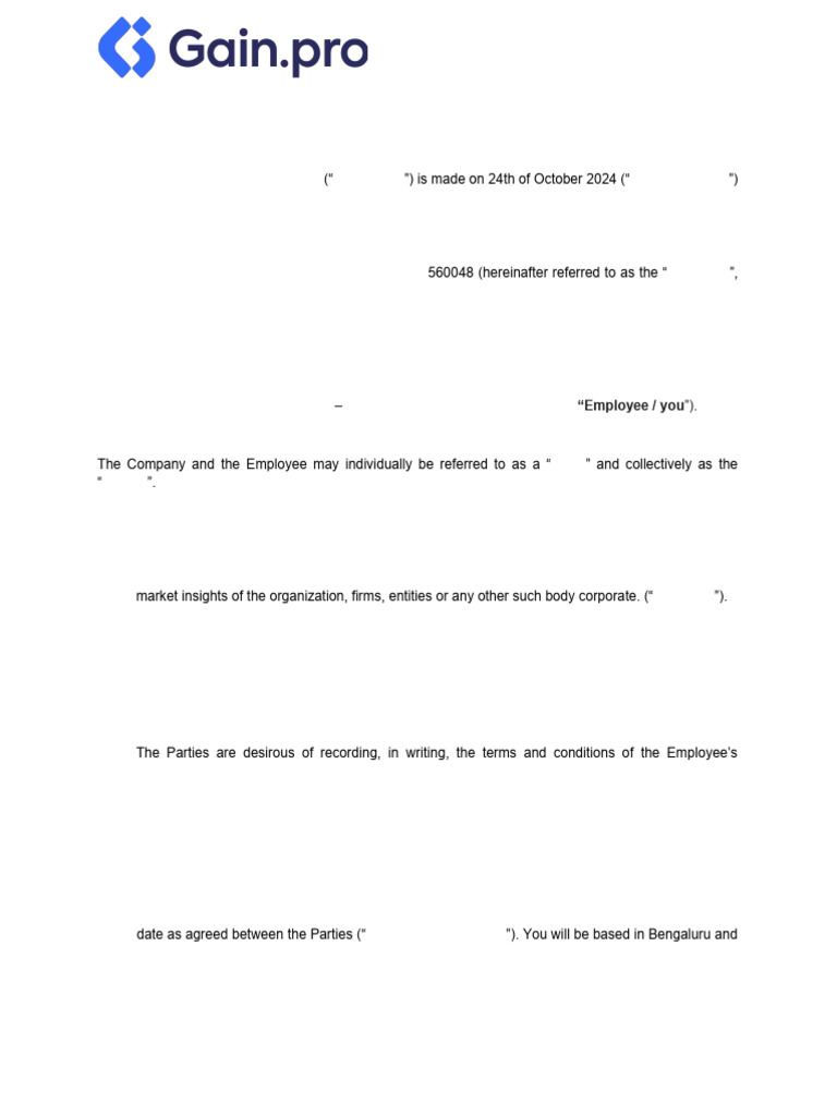 Gain - Pro - Employment Agreement - Mohpreet Kaur Jolly | PDF ...