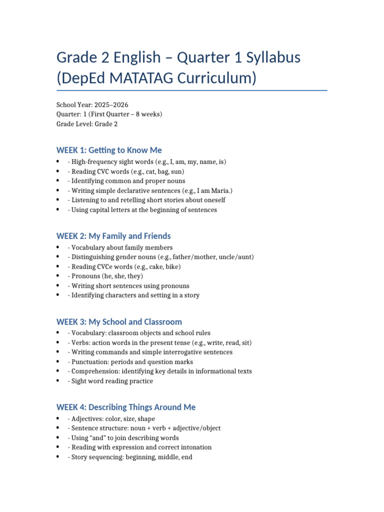 Grade 2 English Quarter 1 Syllabus | PDF | Word | English Language