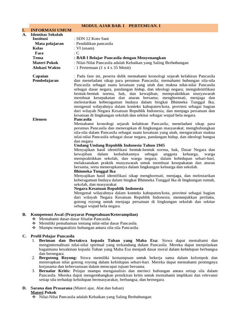 Modul Ajar PP Bab 1 2025 Kelas VI | PDF