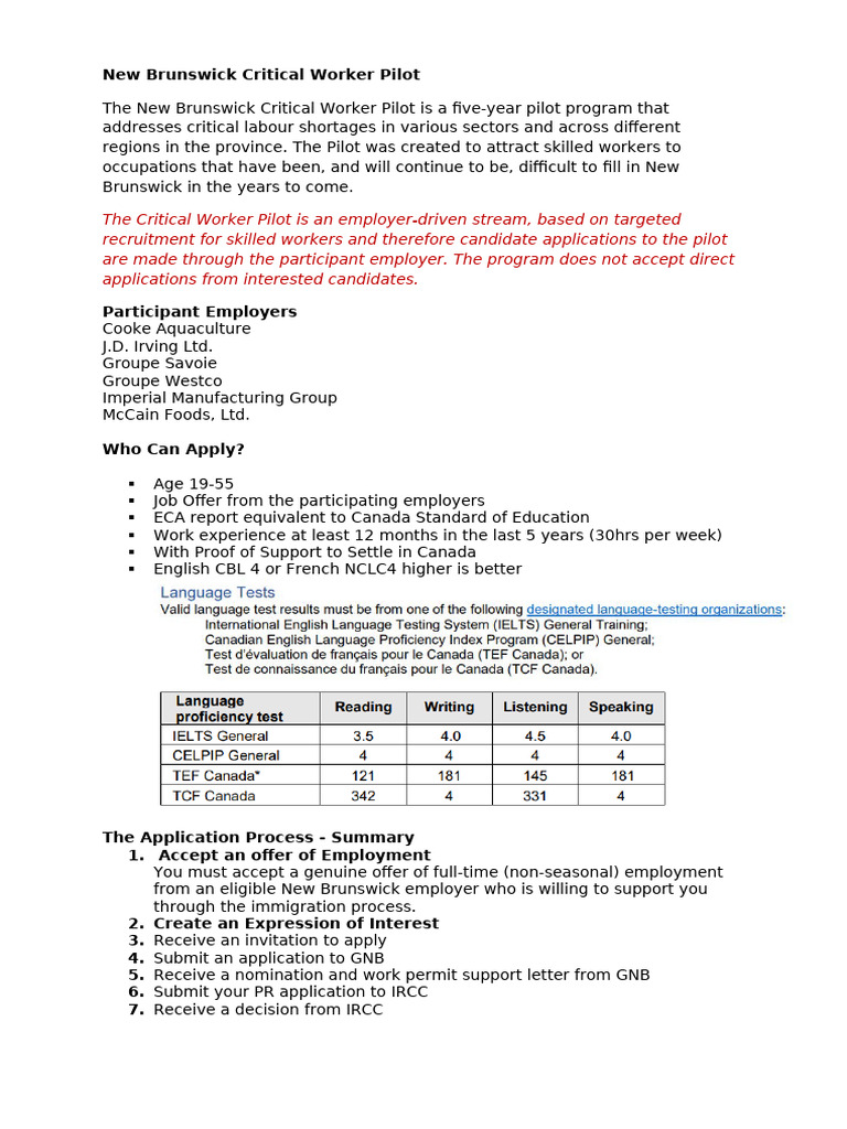 New Brunswick Critical Worker Pilot | PDF