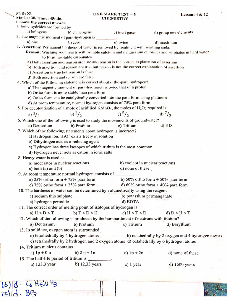 11th Chemistry EM 1 Mark Question Paper With Answer Key 5 English Medium PDF Download | PDF