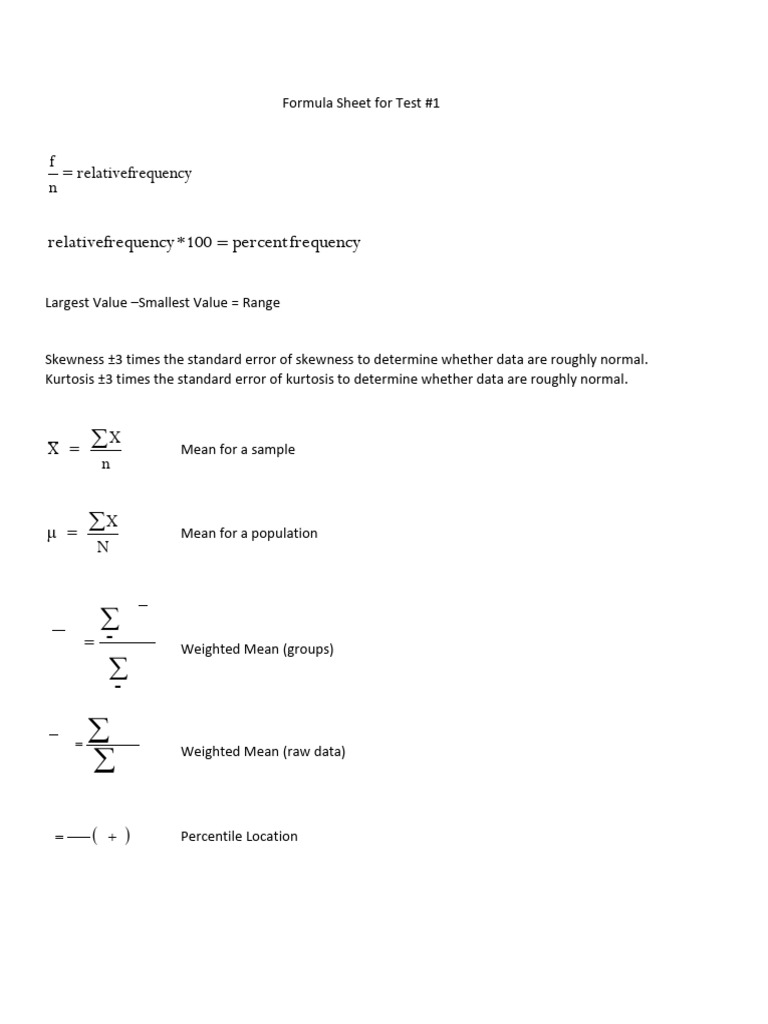 Statistical Formula Sheet for Test #1 | PDF | Variance | Skewness