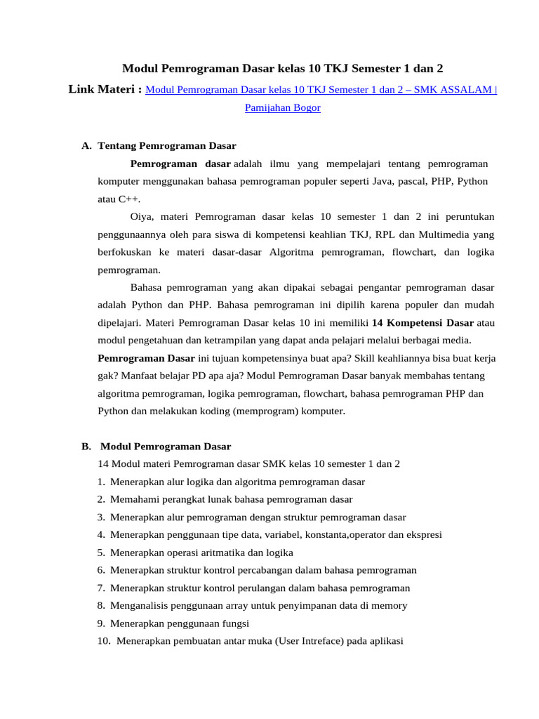 Modul Pemrograman Dasar Kelas 10 TKJ Semester 1 Dan 2 | PDF