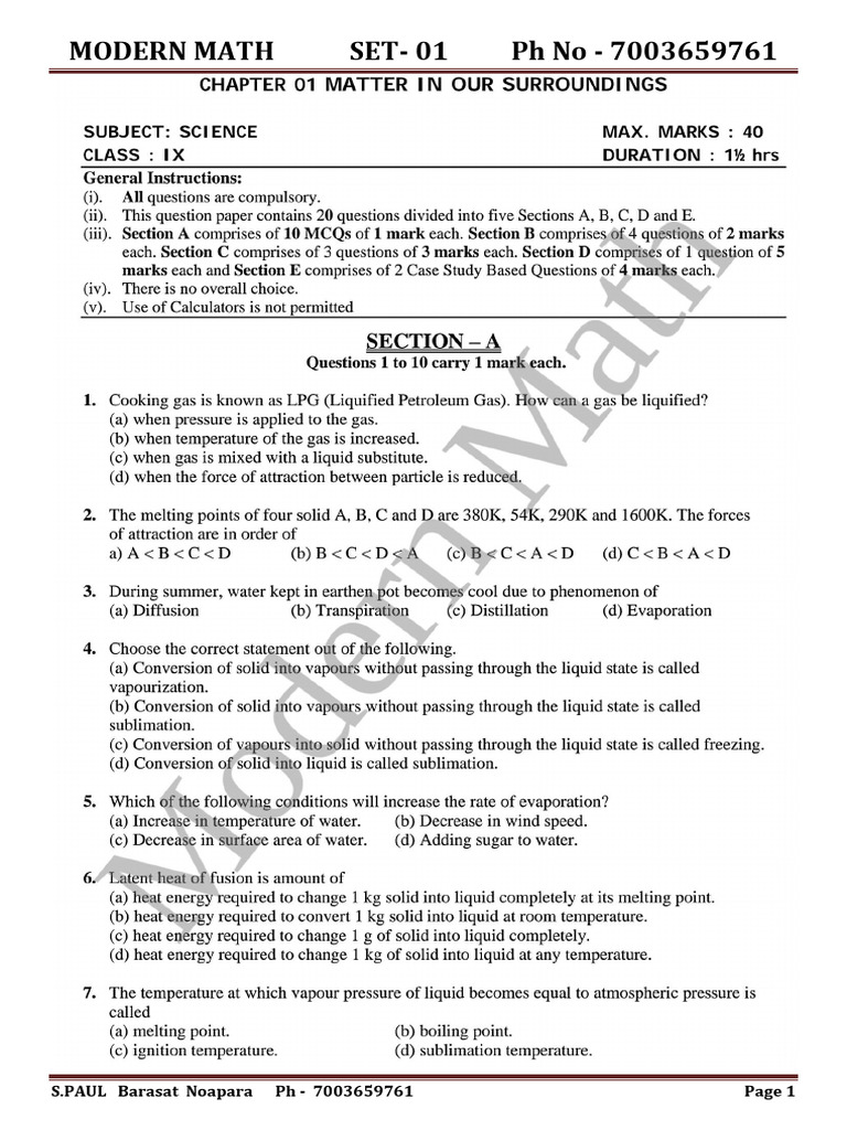 Science CH 01-05-07 Class 9 Practice Set 01 | PDF