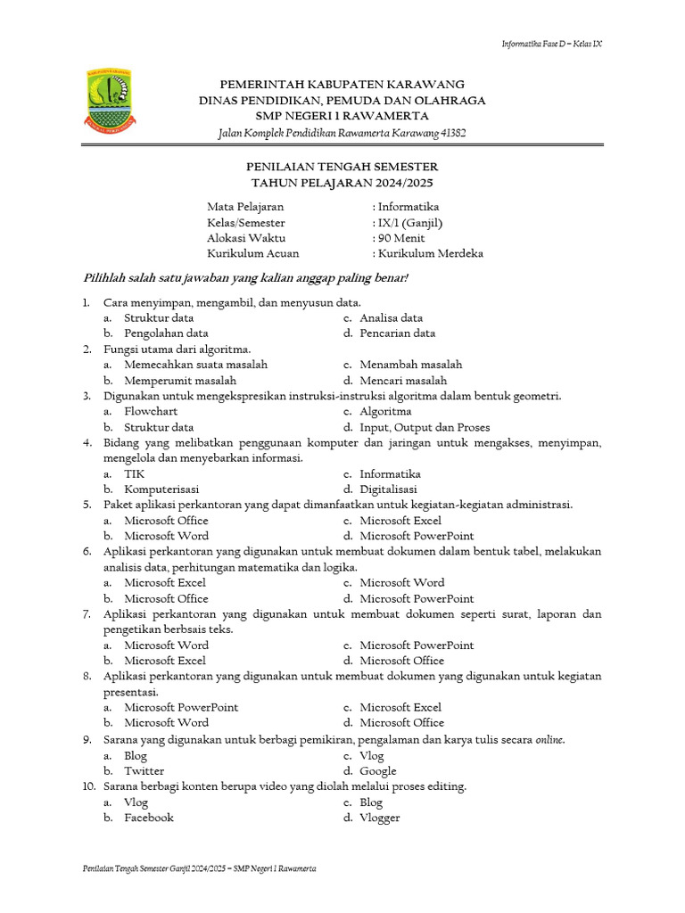 Naskah Soal PTS Informatika Kelas 9 (Ganjil) | PDF