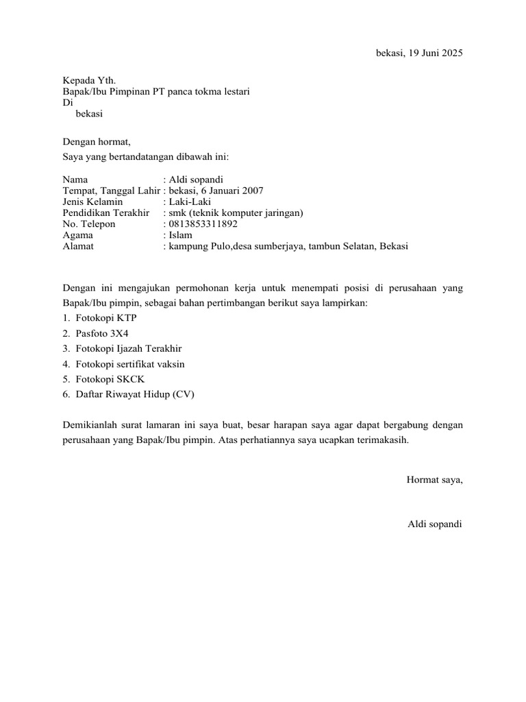 Surat Lamaran Aldi | PDF