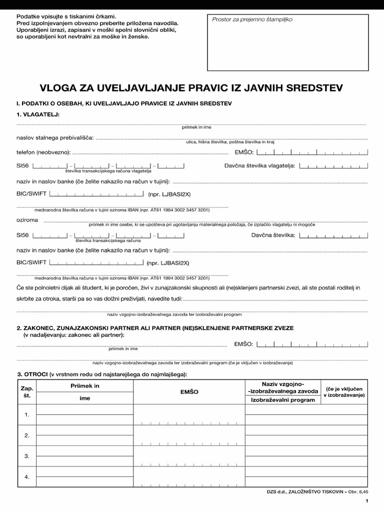 Vloga Za Uveljavljanje Pravic Iz Javnih Sredstev B&W | PDF