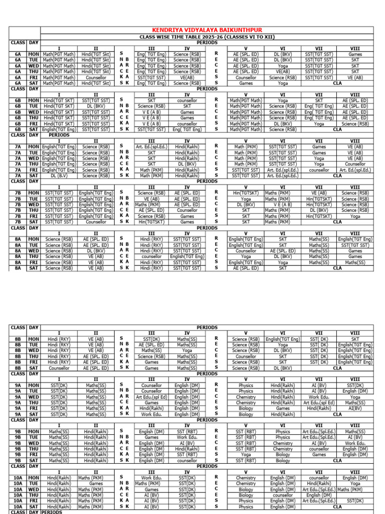Class Wise Timetable 2025-26 | PDF