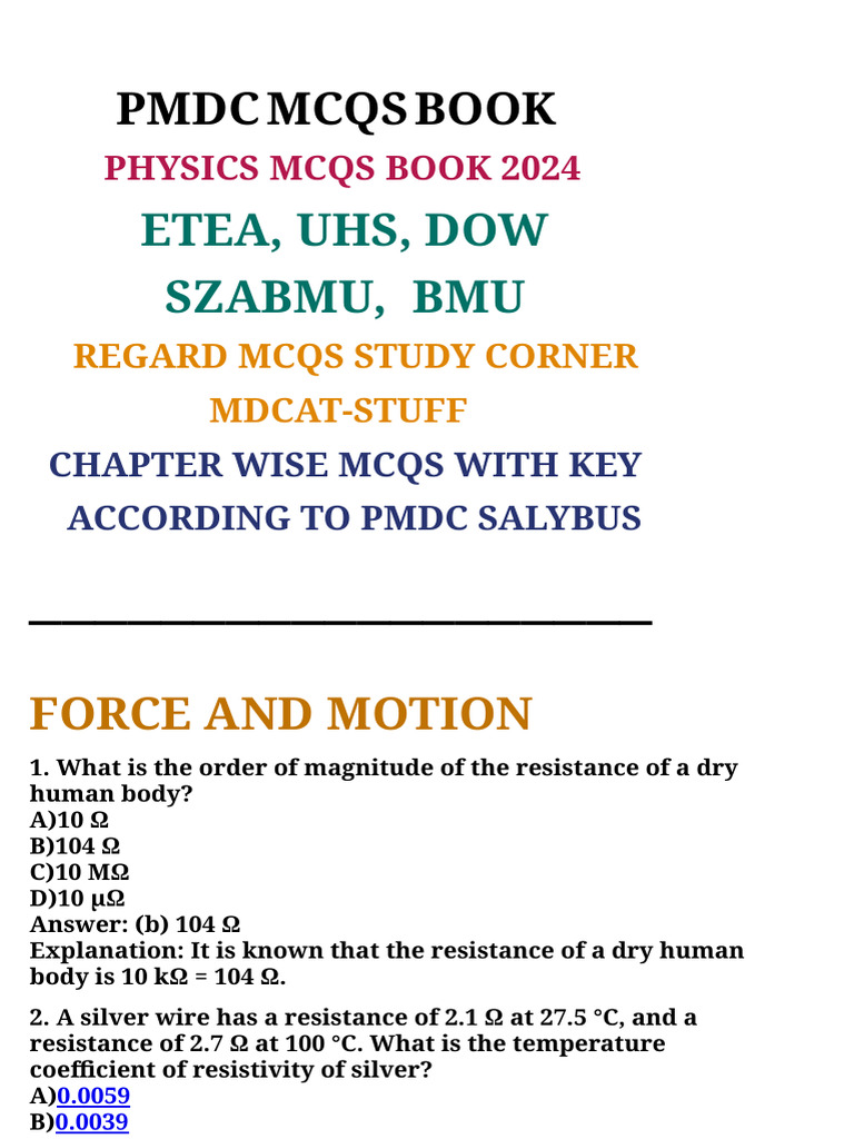 PMDC Physics MCQS Book by Study Corner | PDF | Electromagnetic Induction | Photoelectric Effect