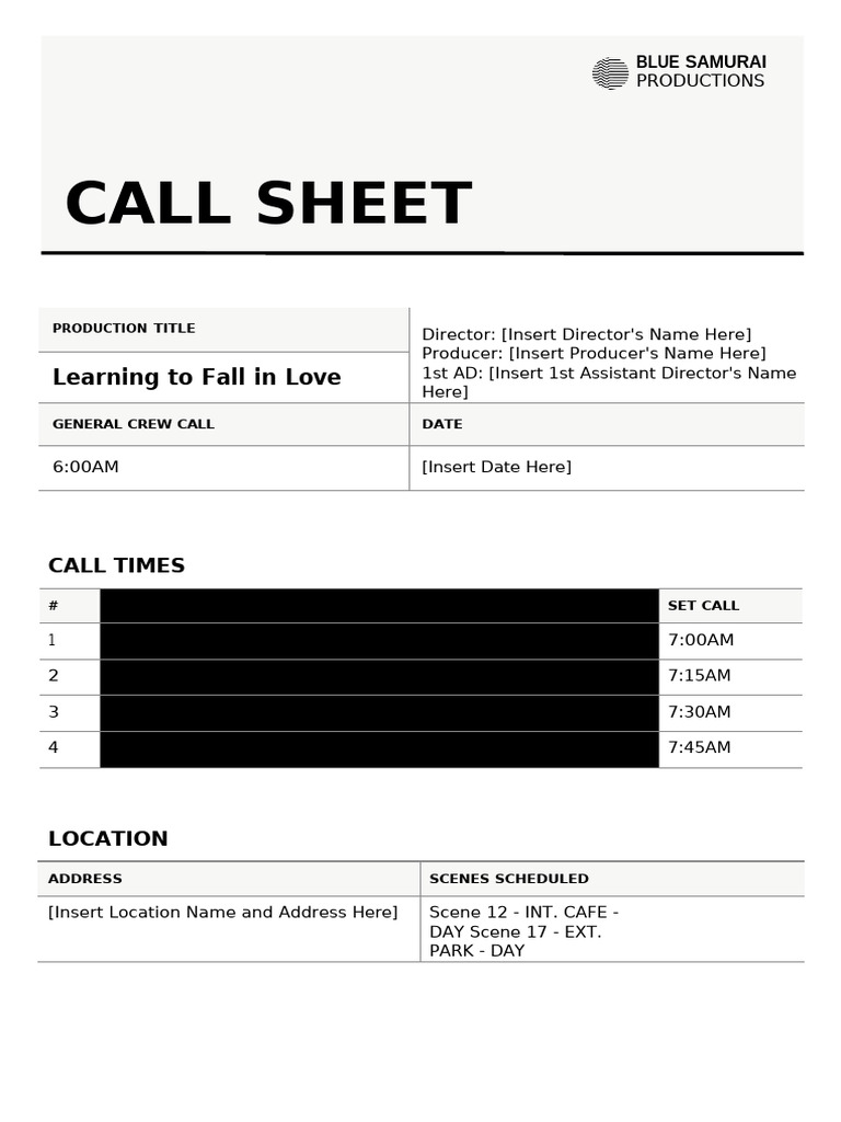 Photoshoot Call Sheet Template | PDF