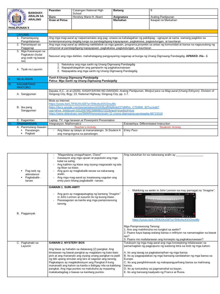(Week 1) Lesson Plan ABARRI - AP 8 | PDF