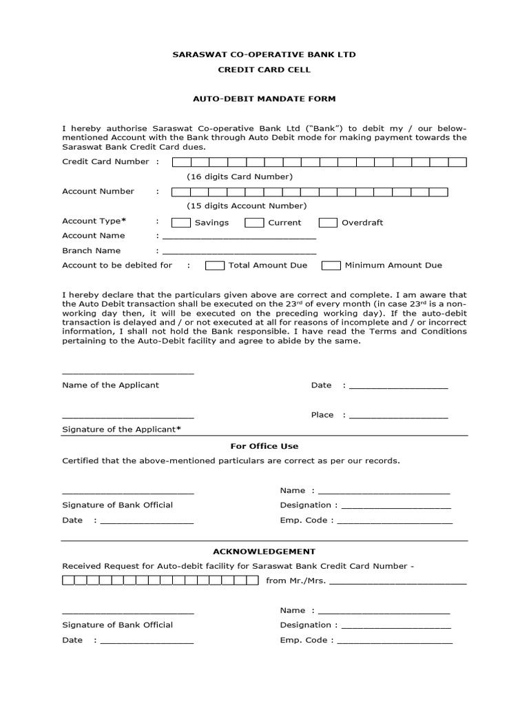 Credit Card Auto Debit Mandate | PDF | Debit Card | Credit Card