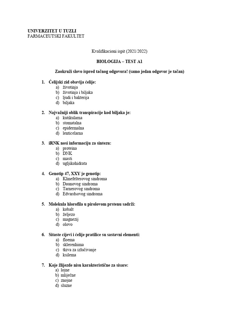 FARMF Testovi Za Prijemni 2021 22 | PDF