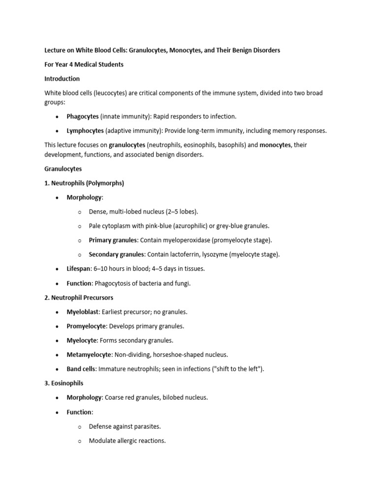 Lecture On White Blood Cells | PDF | Granulocyte | White Blood Cell