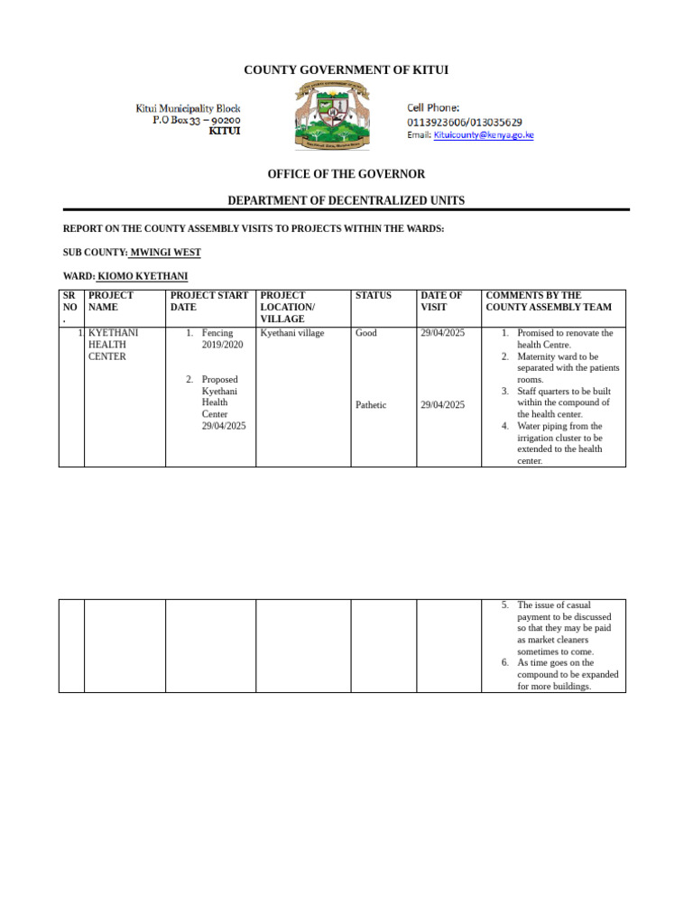 Kitui County Assembly Project Visit Report | PDF