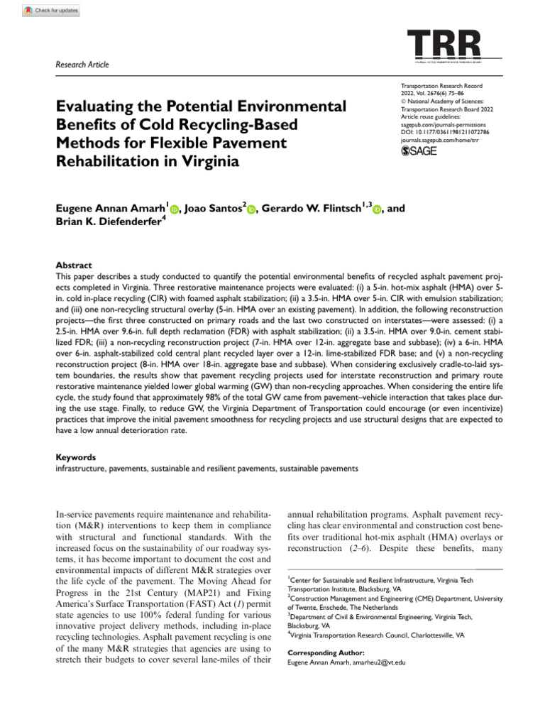 Amarh Et Al 2022 Evaluating The Potential Environmental Benefits of Cold Recycling Based Methods ...