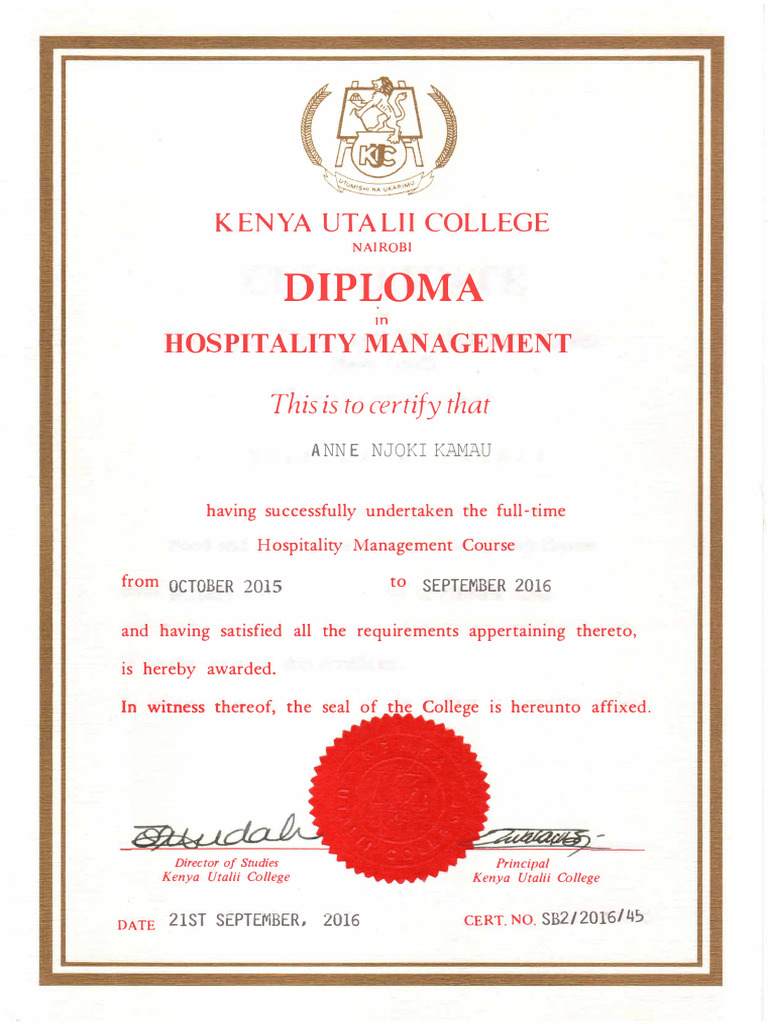 Anne Njoki Utalii Certificate | PDF