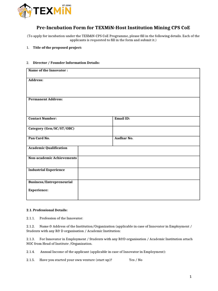 Pre-Incubation Form For TEXMiN CoE | PDF | Business