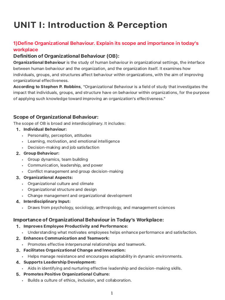 Organizational Behaviour UNIT I Introduction & Perception | PDF ...