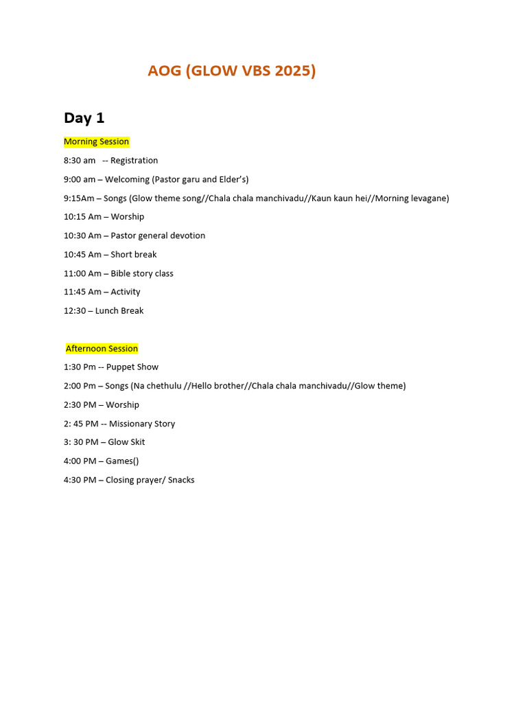 Glow VBS Schedule | PDF