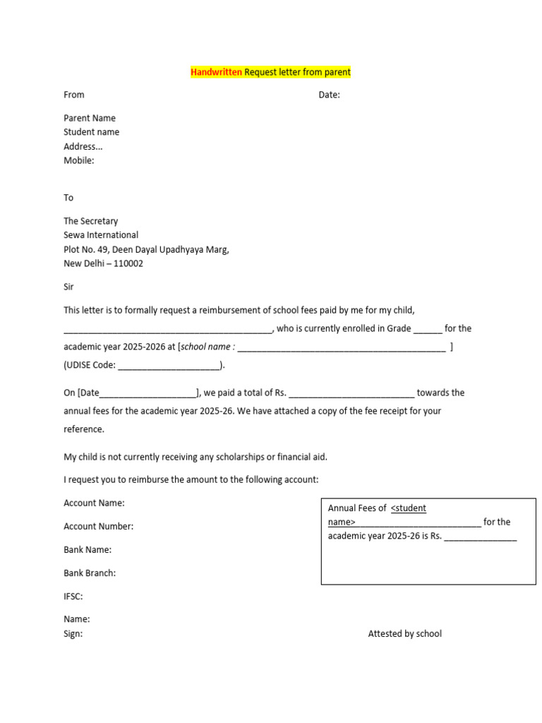 Parent Fee Reimbursement Request Letter | PDF