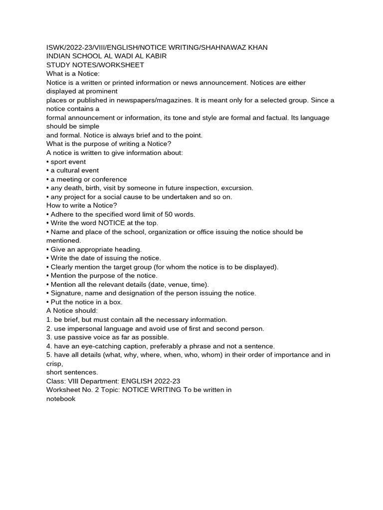 English Notice Writing | PDF