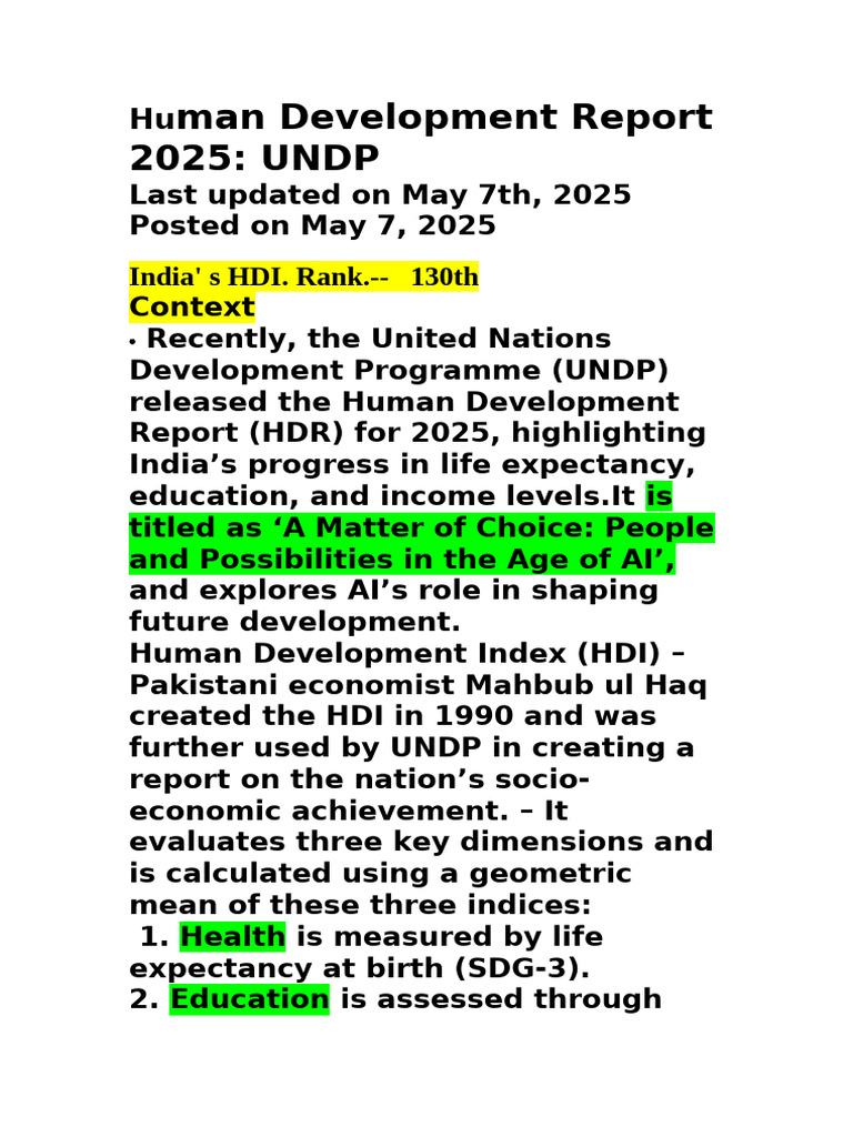 India’s HDI Rank in 2025 Report | PDF | Human Development Index ...