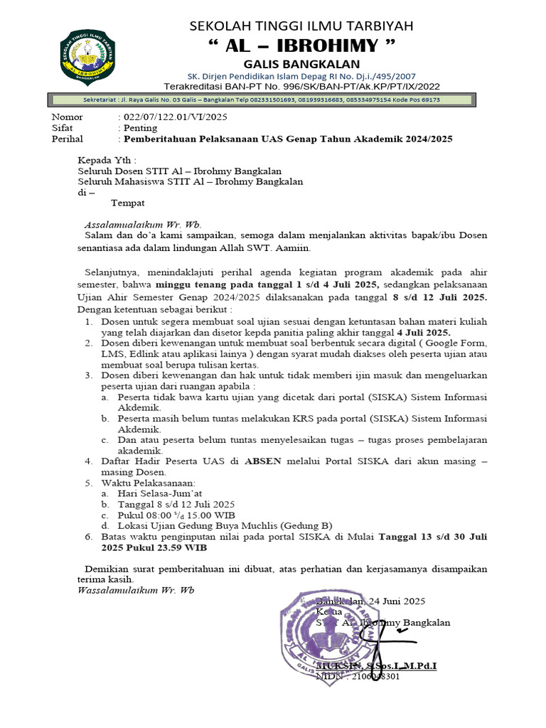 Surat Pemb. UAS Genap 25 | PDF