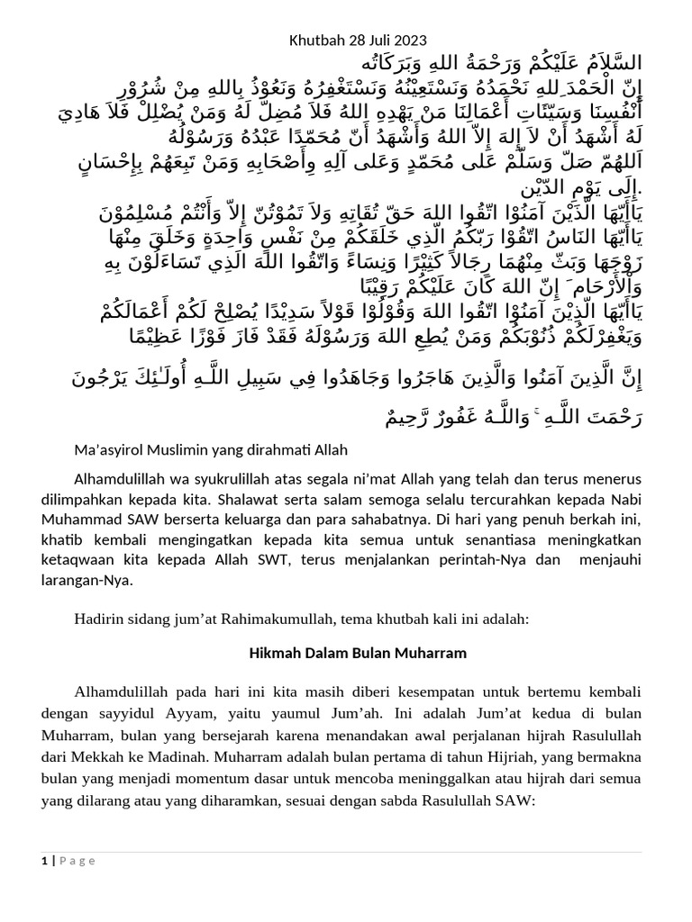 Khutbah 2023-07-28 Keutamaan Bulan Muharram | PDF