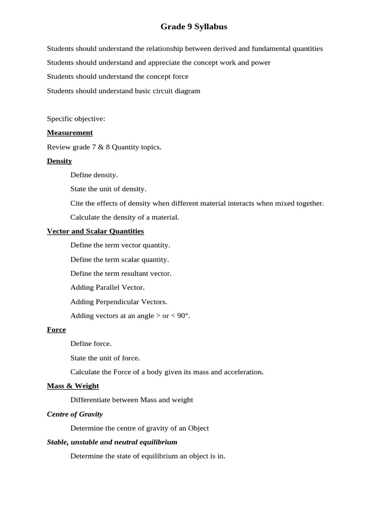 Grade 9 Physics Syllabus | PDF