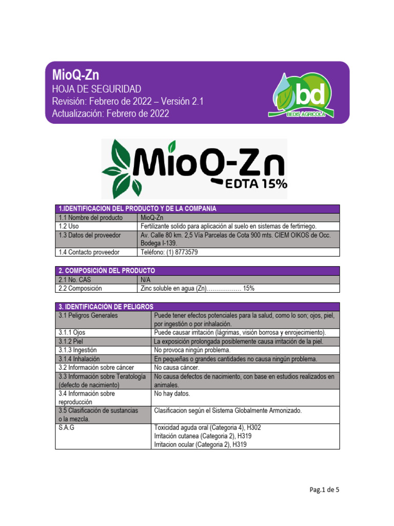 Hoja de Seguridad del Fertilizante MioQ-Zn | PDF | Agua | Carbón