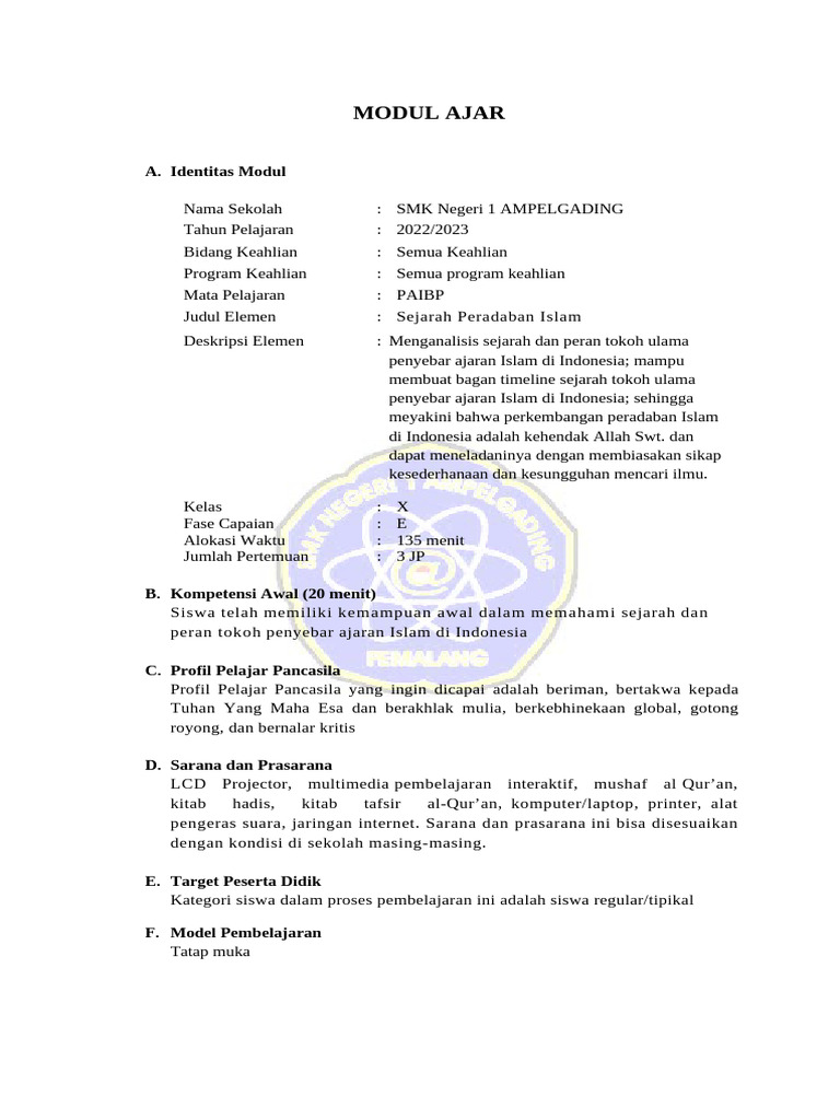 Modul Ajar Kelas X Sejarah SMSTR 1 IKM SMK Amga 2022 | PDF