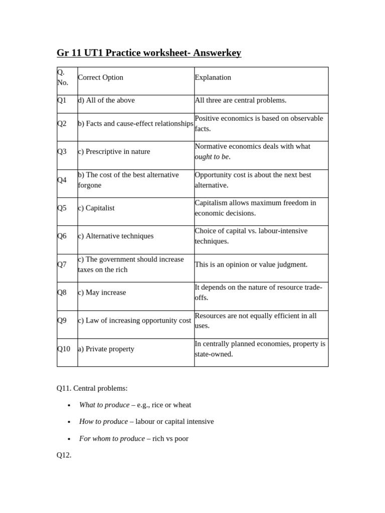 Grade 11 Economics Practice Answer Key | PDF | Economics | Economic System