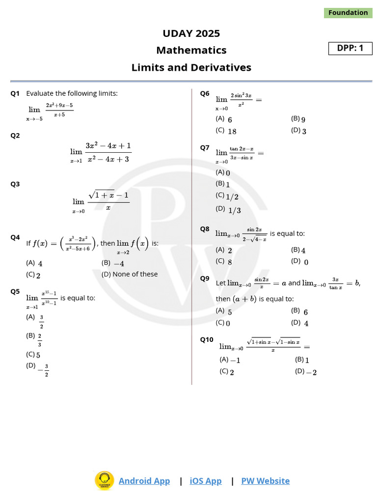 1-Limits and Derivatives DPP 01 Uday 2025 | PDF