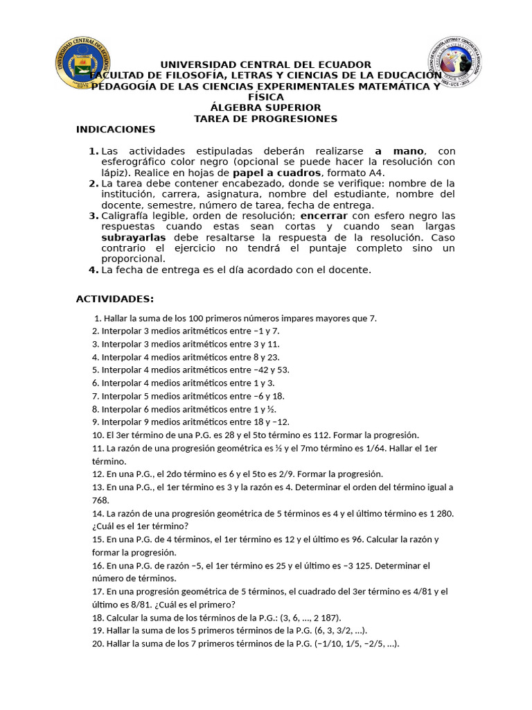Tarea de Progresiones Aritmeticas y Geometricas | PDF | Matemáticas