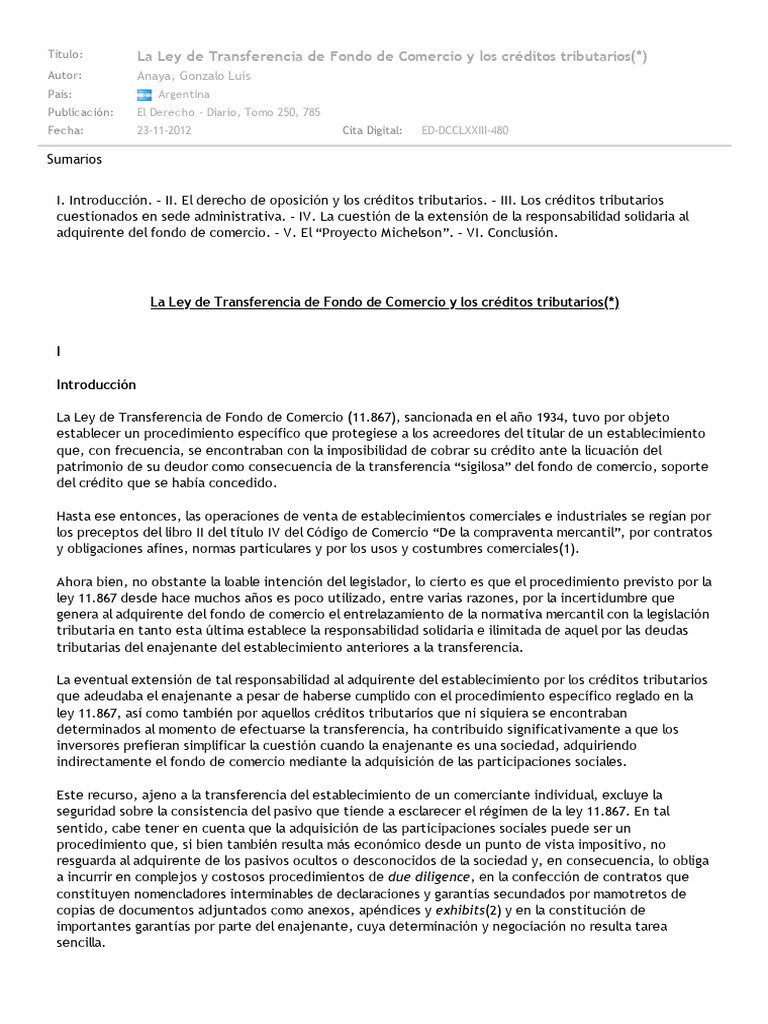 La Ley de Transferencia de Fondo de Comercio y Los Créditos Tributarios (-) | PDF | Propiedad ...