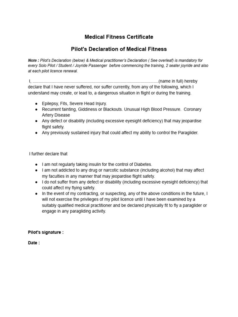 Pilot Medical Fitness Declaration Form | PDF | Chronic Condition | Medicine