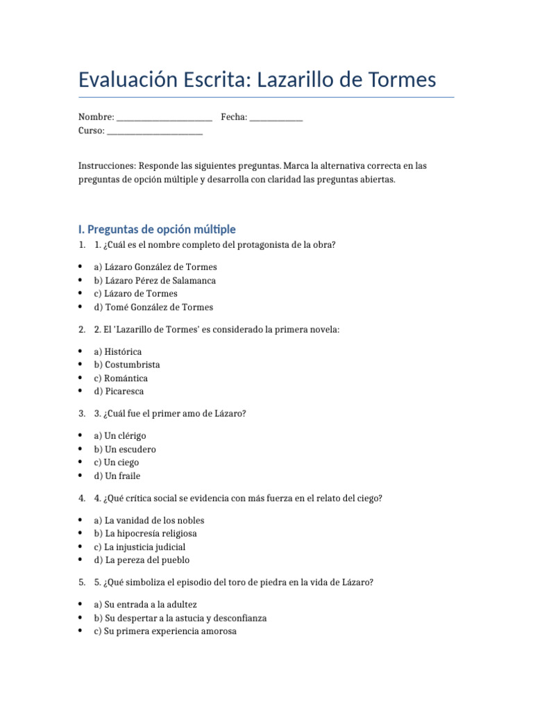 Examen de Lazarillo de Tormes | PDF