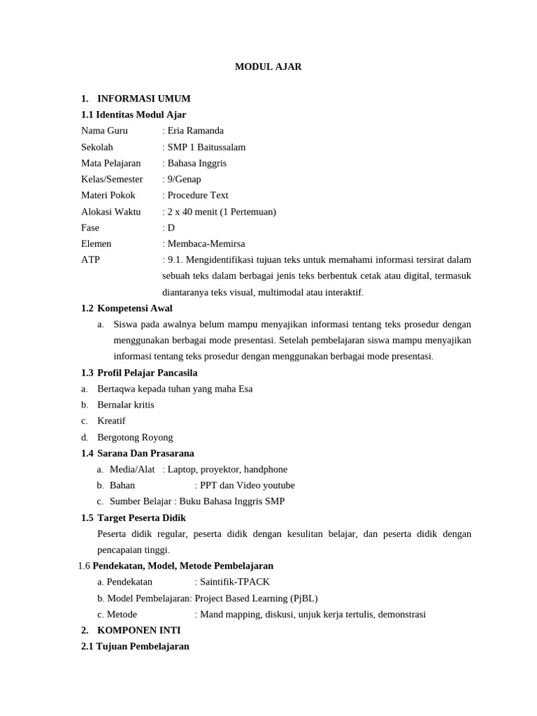 Modul Ajar Kelompok Procedure Text | PDF