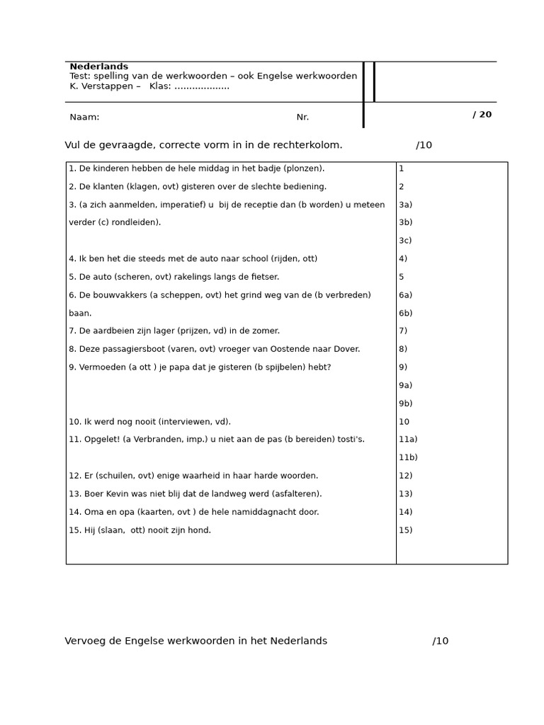 Test Werkwoorden OokEngelse2024 | PDF