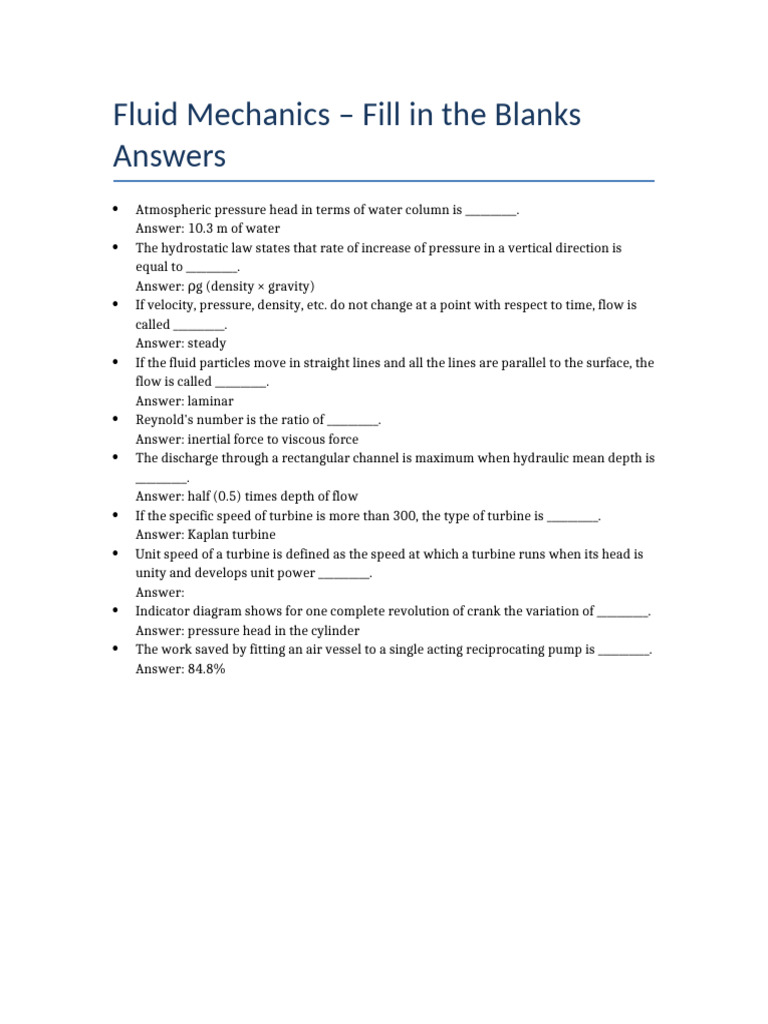 Fluid Mechanics Fill in The Blanks Answers | PDF