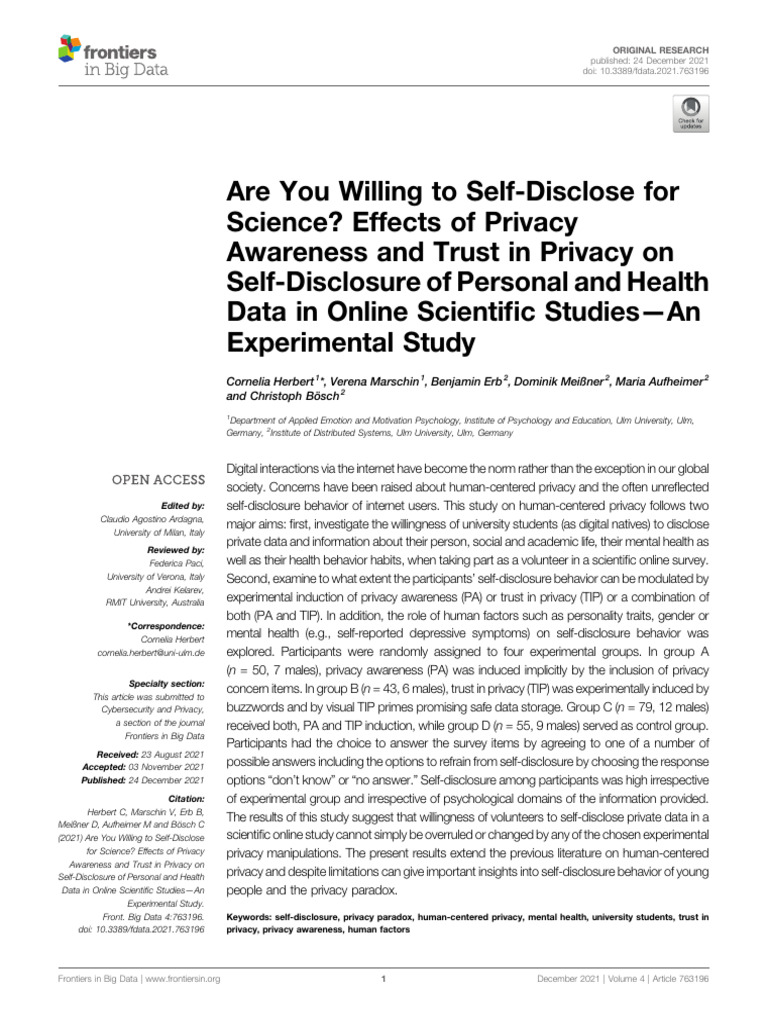 Are You Willing To Self-Disclose For Science Effects of Privacy ...