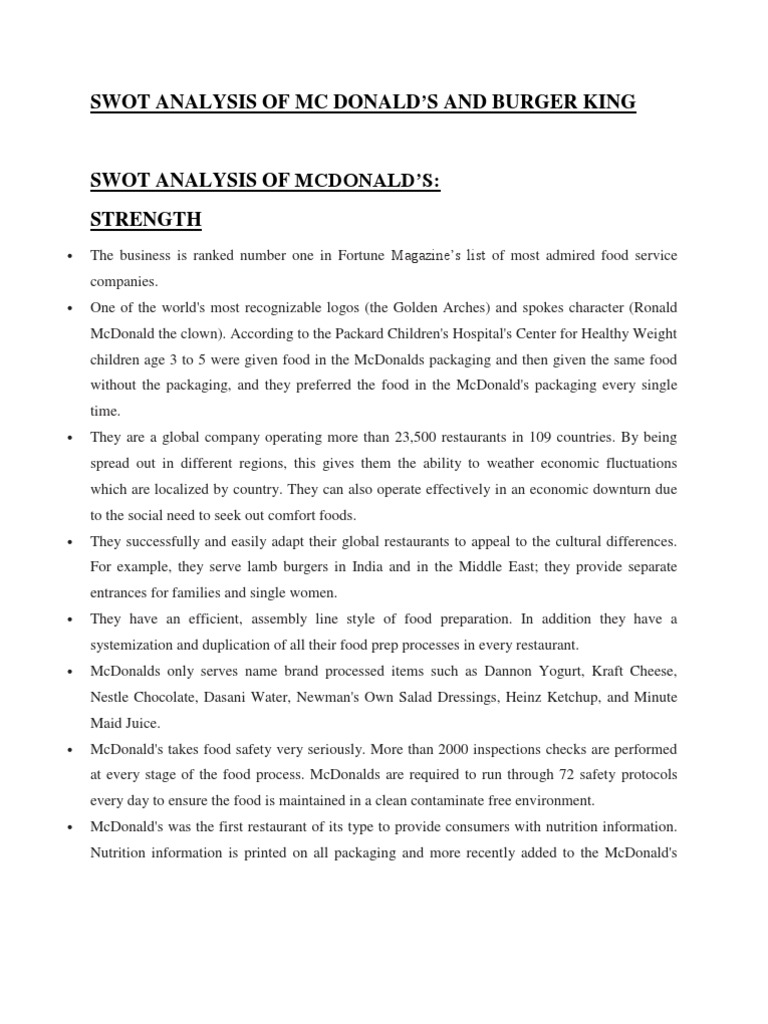 Swot Analysis of MC Donald | PDF | Fast Food Restaurants | Mc Donald's
