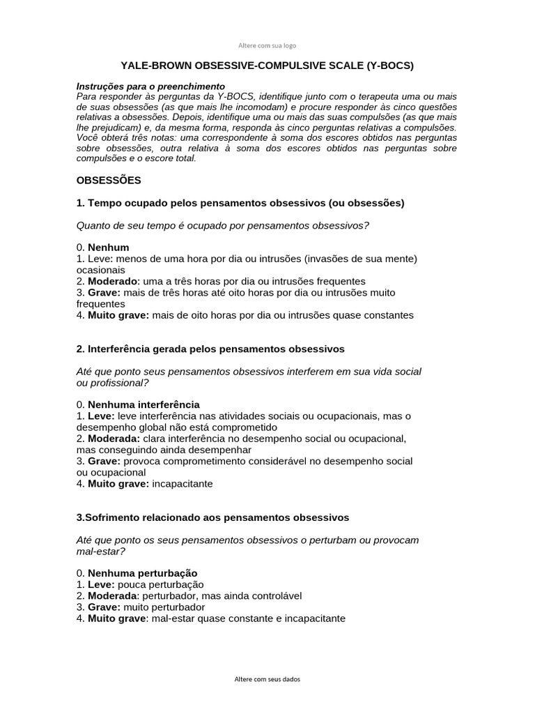 Escala de Toc de Yale-Brown | PDF | Transtorno obsessivo compulsivo (TOC) | Ansiedade