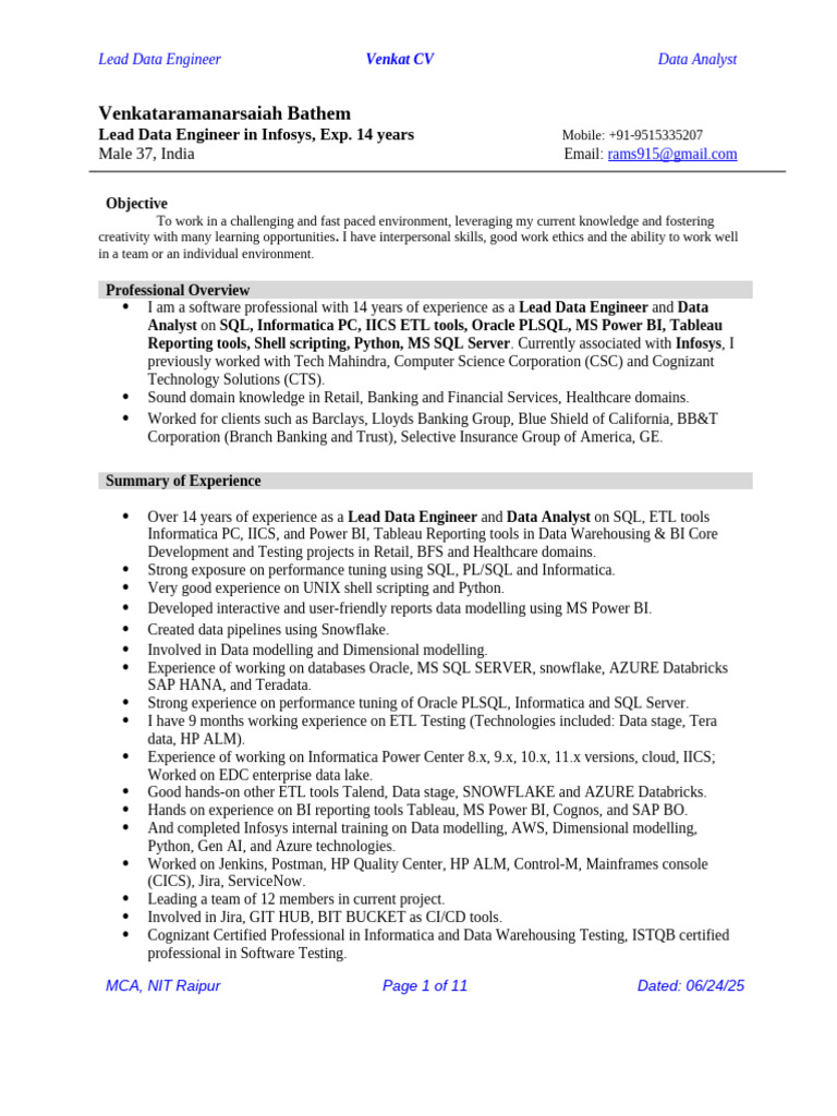 Resume - VenkatB - SR Data Engineer N Data Analyst 14years - Exp On ETL BI Informatica - PC ...