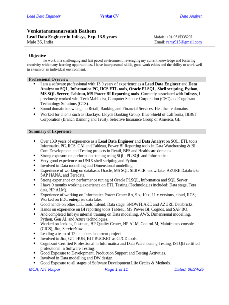 Resume - VenkatB - SR Data Engineer N Data Analyst 13.9years - Exp On ...