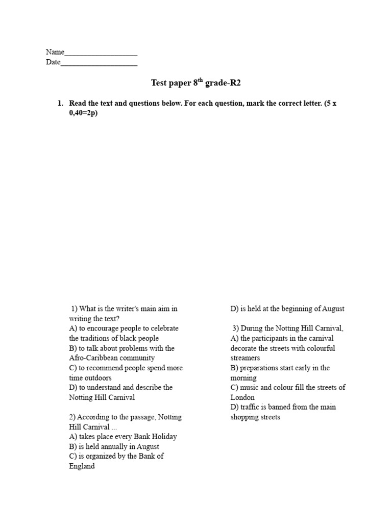Test Paper 8th Grade Narrative Tenses and Reading r2 | PDF | Carnival