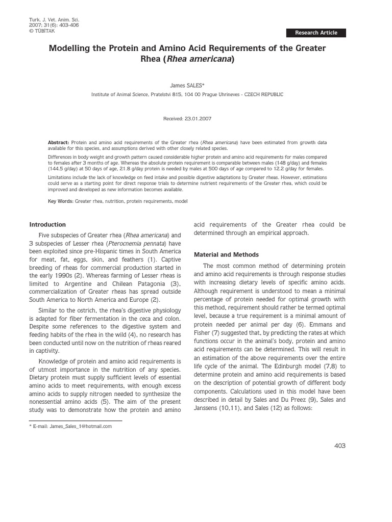 Modelling The Protein and Amino Acid Requirements of The Greater Rhea ...